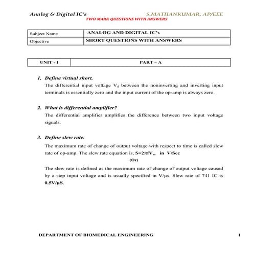 Analog & Digital Integrated Circuits - Material (Short Answers) | PDF