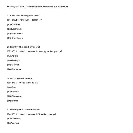 analogies_classification_questions. Aptitude Practice questions | PDF