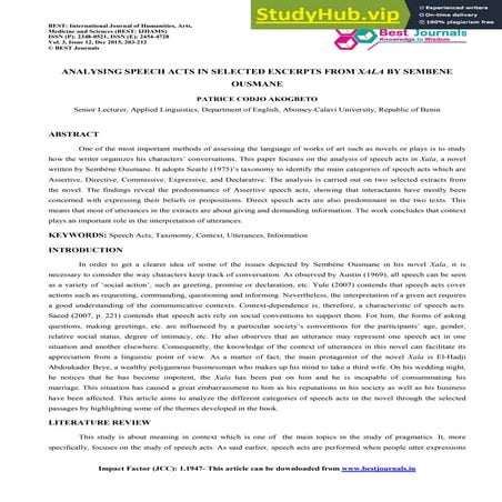 ANALYSING SPEECH ACTS IN SELECTED EXCERPTS FROM XALA BY SEMBENE OUSMANE ...