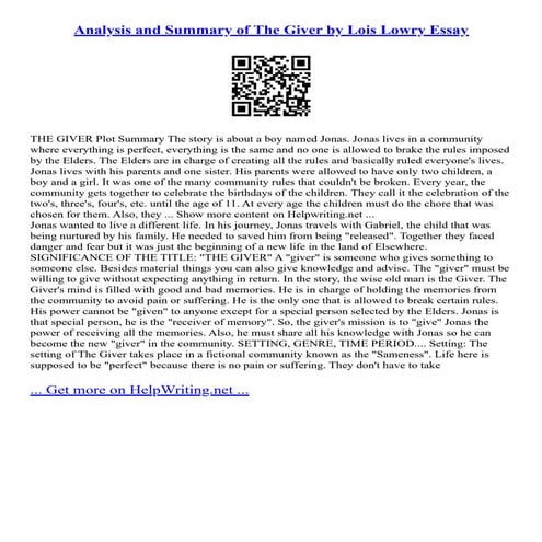 Analysis And Summary Of The Giver By Lois Lowry Essay | PDF