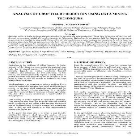 Analysis of crop yield prediction using data mining techniques | PDF