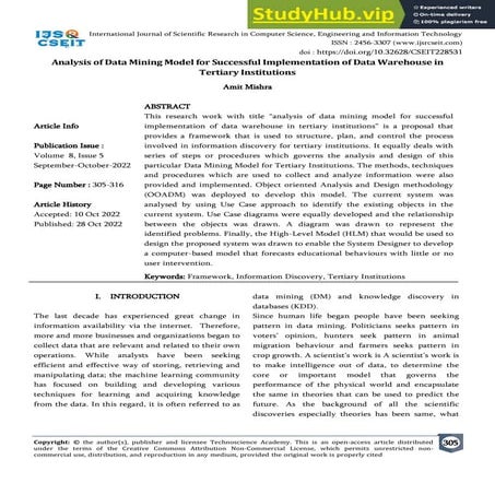 Analysis Of Data Mining Model For Successful Implementation Of Data Warehouse In Tertiary ...