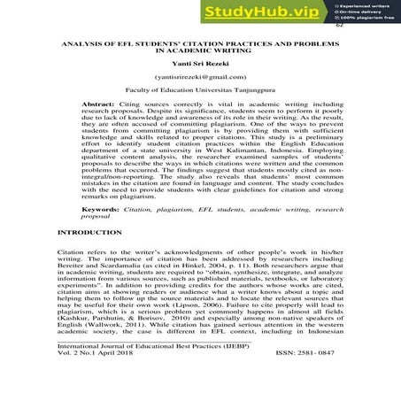 Analysis Of Efl Students Citation Practices And Problems In Academic ...