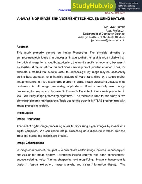 Analysis Of Image Enhancement Techniques Using Matlab Pdf