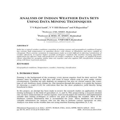 Analysis of indian weather data sets using data mining techniques | PDF