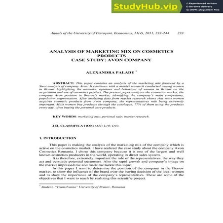 ANALYSIS OF MARKETING MIX ON COSMETICS PRODUCTS CASE STUDY AVON COMPANY | PDF