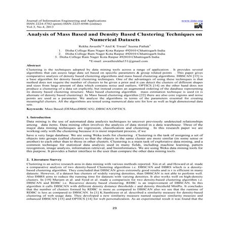 Analysis Of Mass Based And Density Based Clustering Techniques On Numerical Datasets Pdf