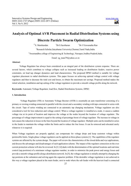 Analysis Of Optimal Avr Placement In Radial Distribution Systems Using