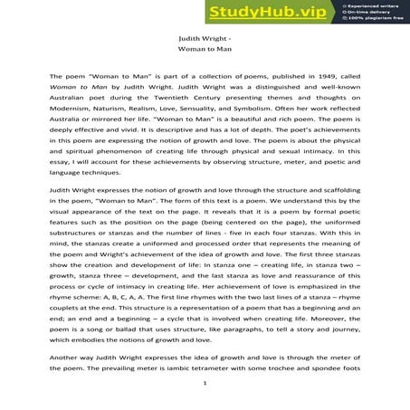 Analysis Of Quot Woman To Man Quot By Judith Wright - Second Academic Writing | PDF
