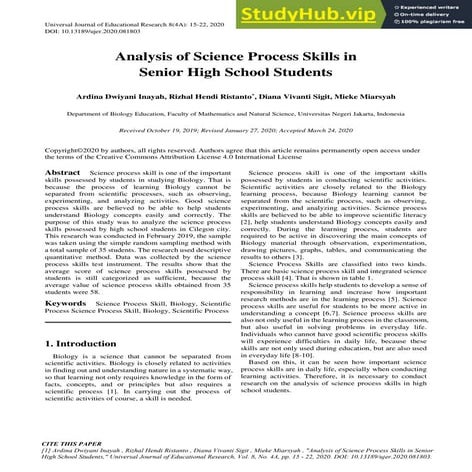 Analysis Of Science Process Skills In Senior High School Students | PDF