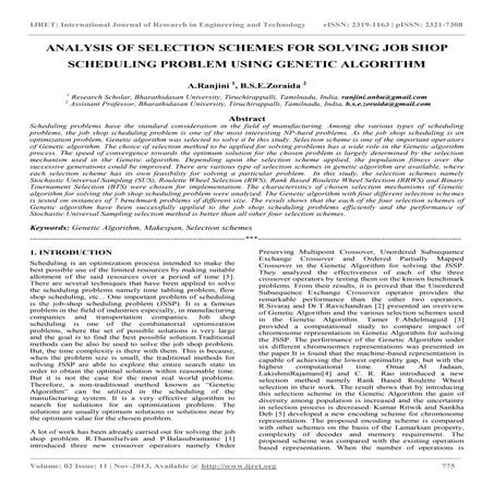 Analysis Of Selection Schemes For Solving Job Shop Scheduling Problem Using Genetic Algorithm Pdf