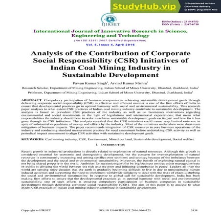 Analysis Of The Contribution Of Corporate Social Responsibility (CSR) Initiatives Of Indian Coal ...