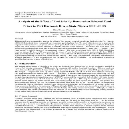 Analysis of the effect of fuel subsidy removal on selected food prices in port harcourt, rivers ...