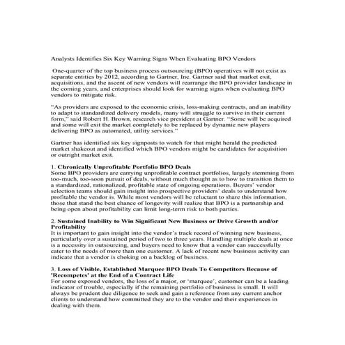 Analysts identifies six key warning signs when evaluating bpo vendors | DOC