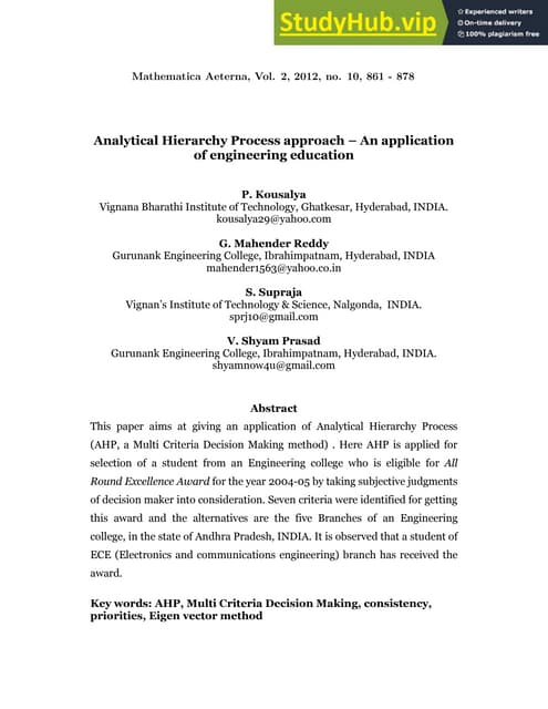 Analytical Hierarchy Process Approach An Application Of Engineering
