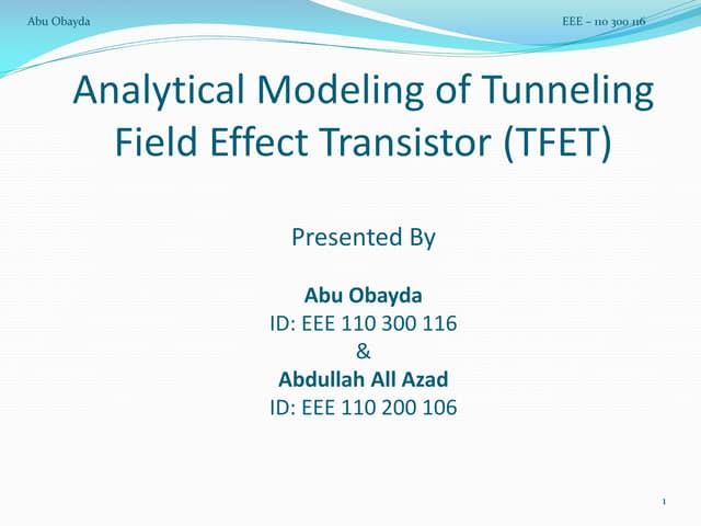 Analytical Modeling Of Tunneling Field Effect Transistor Tfet Pdf