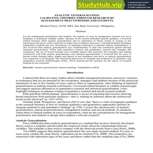 ANALYTIC GENERALIZATION VALIDATING THEORIES THROUGH RESEARCH BY MANAGEMENT PRACTITIONERS AND ...