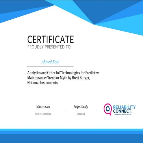 Certificate Of Completion Analytics And Other Iot Technologies For Predictive Maintenance