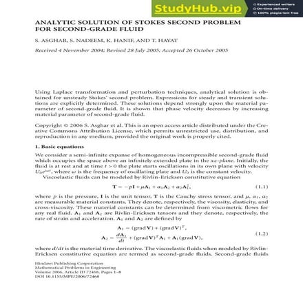 Analytic Solution Of Stokes Second Problem For Second Grade Fluid Pdf