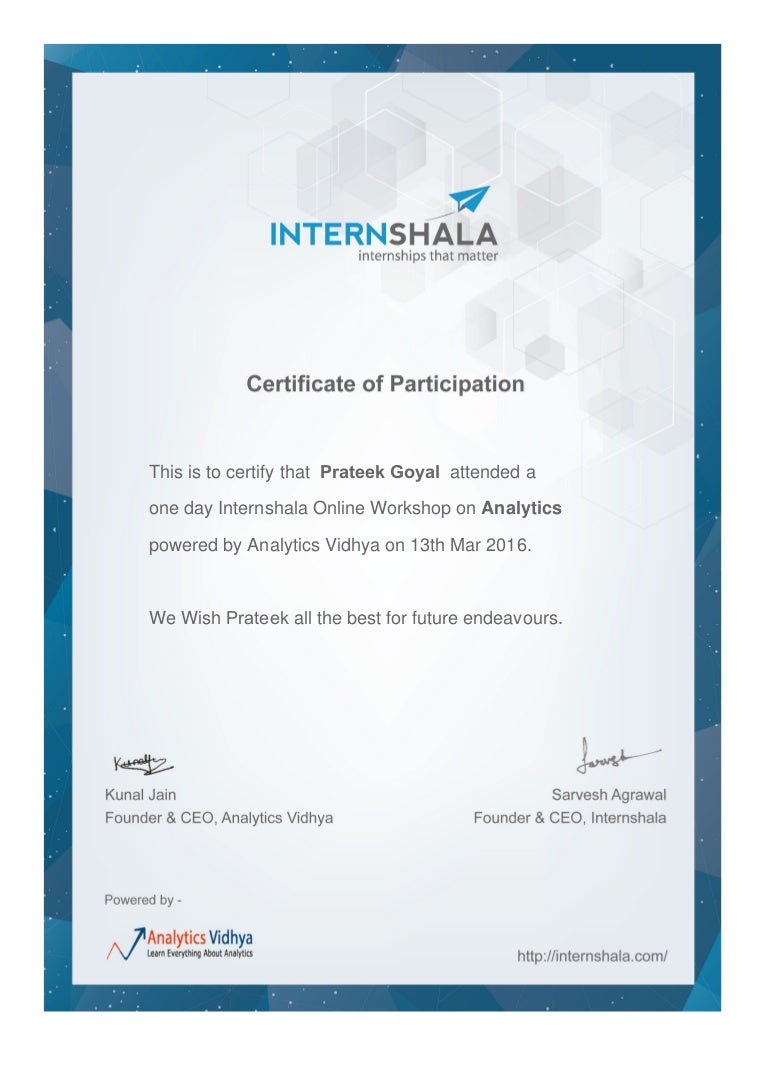 Analytics workshop certificate