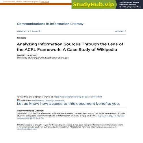 Analyzing Information Sources Through The Lens Of The ACRL Framework A Case Study Of Wikipedia | PDF