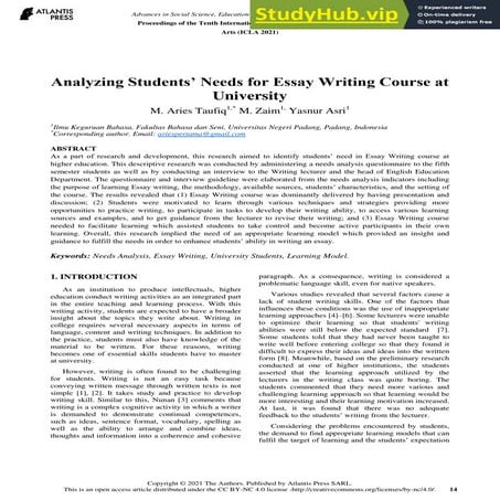 Analyzing Students Needs For Essay Writing Course At University | PDF
