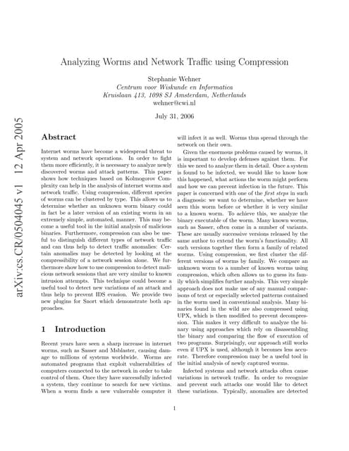 Analyzing Worms And Network Traffic Using Compression Pdf