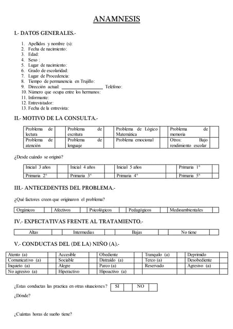 Formato de Anamnesis (Niños) | PDF
