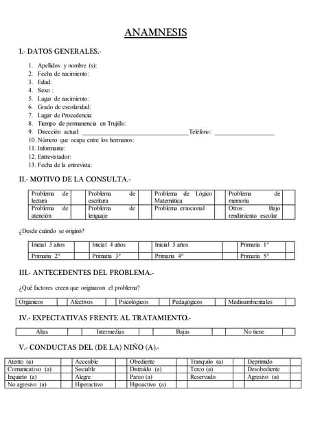 Formato de Anamnesis (Niños) | PDF
