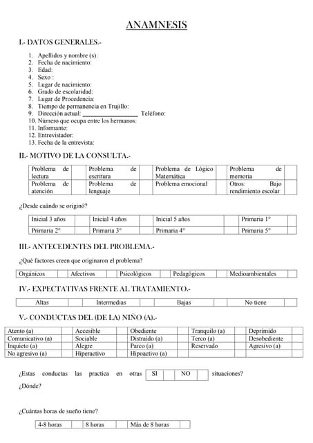 Formato de Anamnesis (Niños) | PDF