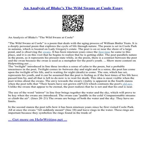 An Analysis Of Blake’S The Wild Swans At Coole Essay | PDF