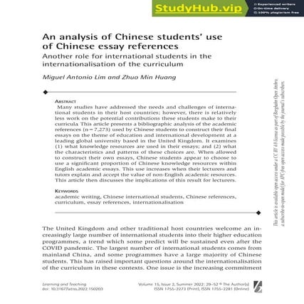 An Analysis Of Chinese Students Use Of Chinese Essay References | PDF