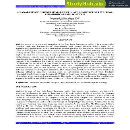 An Analysis Of Discourse Markers In Academic Report Writing Pedagogical Implications | PDF