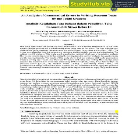 An Analysis Of Grammatical Errors In Writing Recount Texts By The Tenth ...