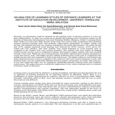 AN ANALYSIS OF LEARNING STYLES OF DISTANCE LEARNERS AT THE INSTITUTE OF ...