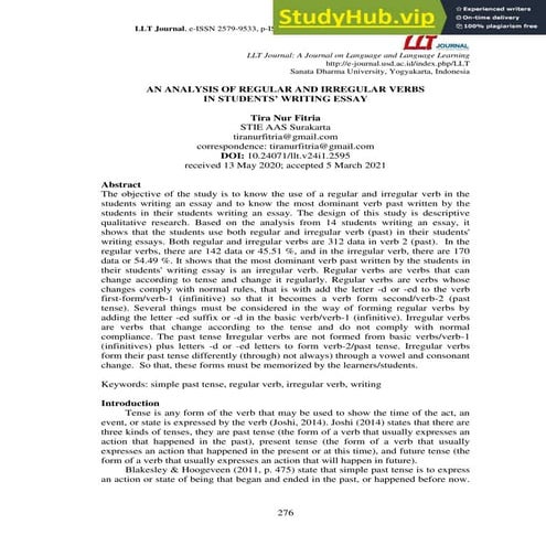 AN ANALYSIS OF REGULAR AND IRREGULAR VERBS IN STUDENTS WRITING ESSAY | PDF