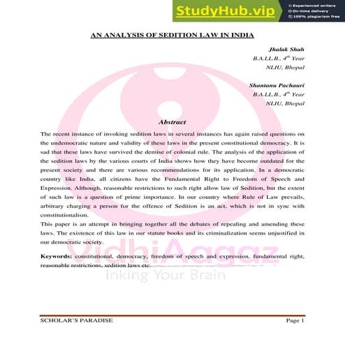 An Analysis Of Sedition Law In India | PDF