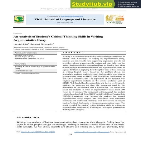 Analysis Of Student S Critical Thinking In Writing Argumentative Essays ...