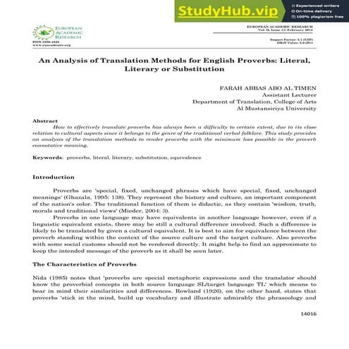 An Analysis Of Translation Methods For English Proverbs | PDF