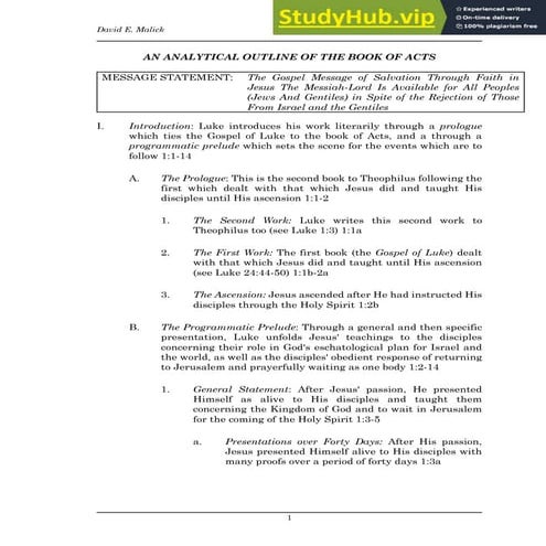 An Analytical Outline Of Acts | PDF