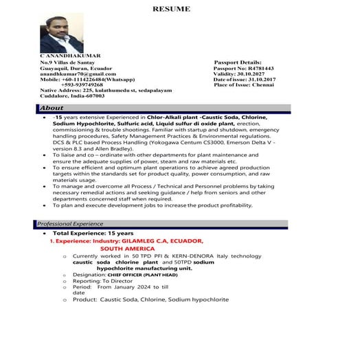 Anandhakumar chakkaravarthi,Chemical Engineer, 15 years Experience in Sodium hypochlorite plant ...