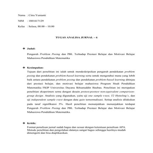 Ananlisis Jurnal 6 - Tugas Psikologi UNJ - Psikologi Eksperimen | DOCX