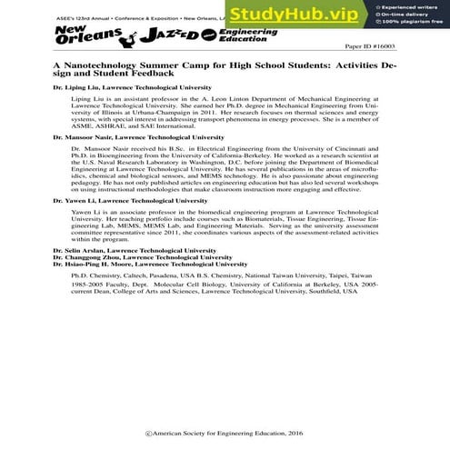 A Nanotechnology Summer Camp For High School Students Activities Design ...