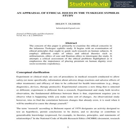 AN APPRAISAL OF ETHICAL ISSUES IN THE TUSKEGEE SYPHILIS STUDY | PDF