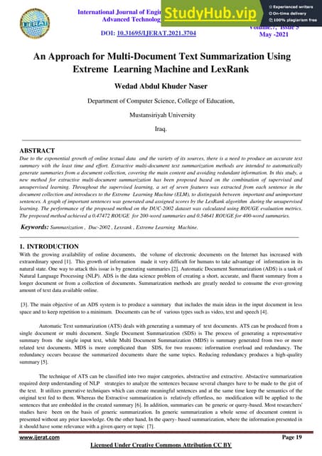 An Approach For Multi Document Text Summarization Using Extreme Learning Machine And Lexrank Pdf
