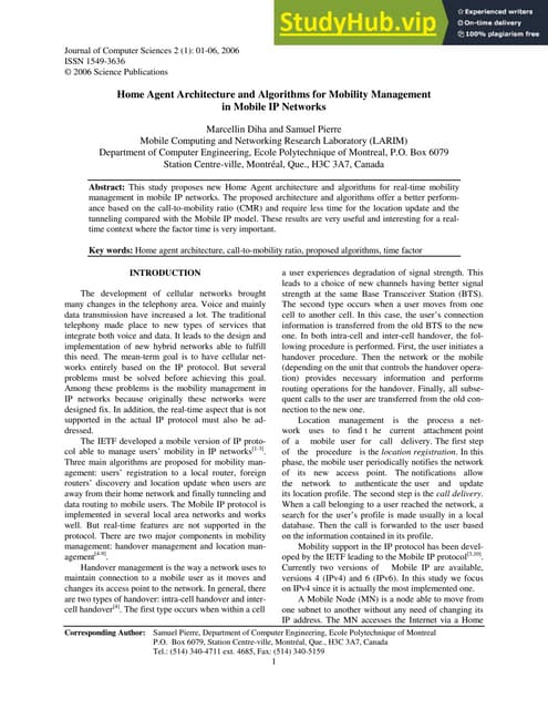 An Architecture For Mobility Management In Mobile Computing Networks Pdf