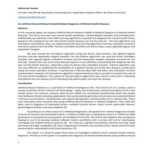 An Artificial Neural Network Based Medical Diagnosis of Mental Health Diseases | PDF