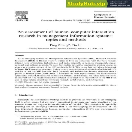 An Assessment Of Human-Computer Interaction Research In Management ...
