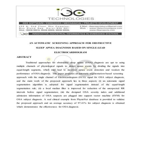 An Automatic Screening Approach For Obstructive Sleep Apnea Diagnosis Based On Single Lead