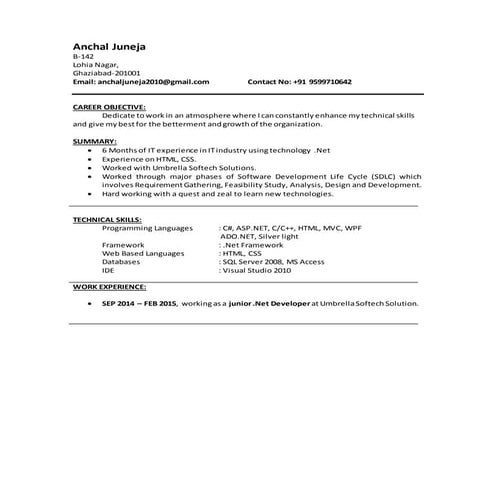Anchal resume | DOCX | Technology & Computing